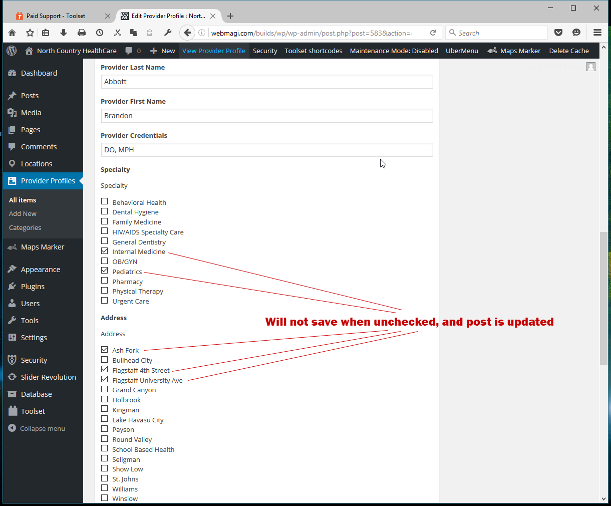 Unable to Uncheck Checkboxes of Post Types - Toolset
