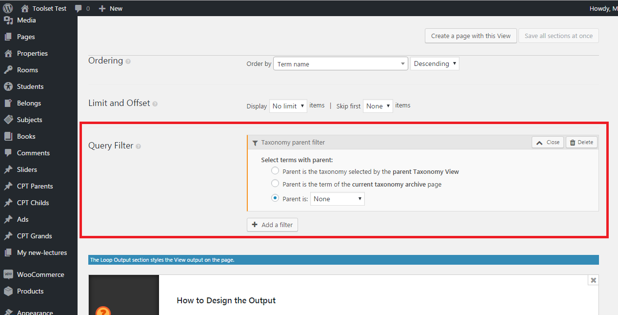 View to show SUB cateogories of PARENT set by SHORTCODE - Toolset