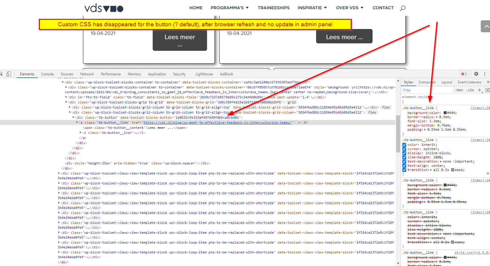 Blocks button looses custom CSS after refresh - Toolset