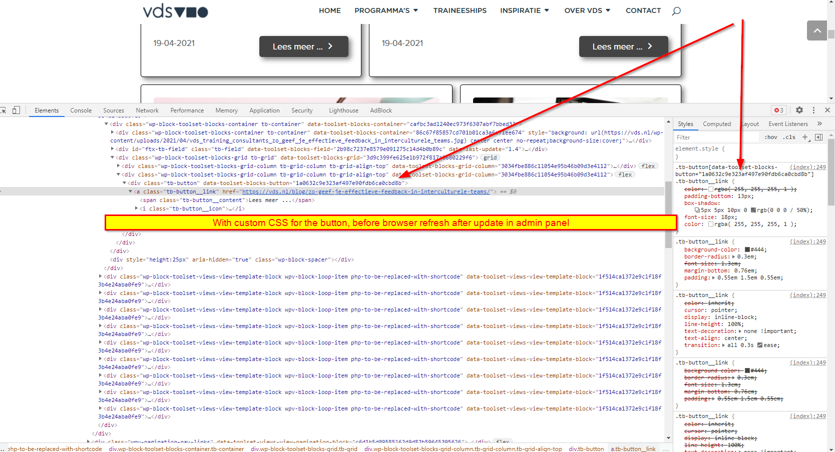 Blocks button looses custom CSS after refresh - Toolset