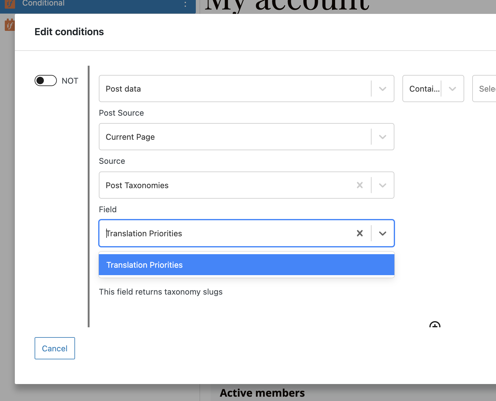 Conditional block is missing post taxonomy field - Toolset