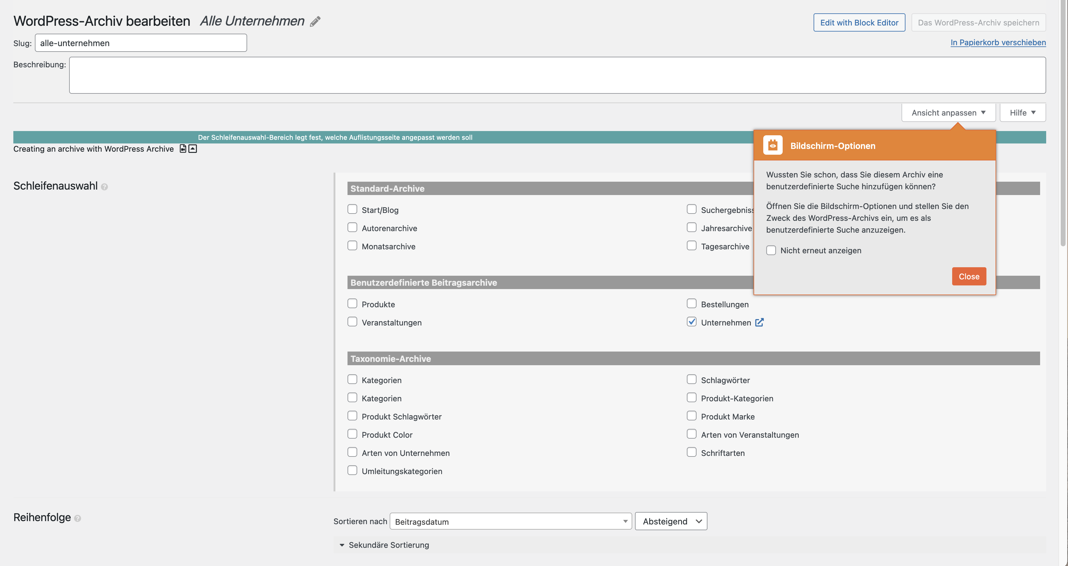 Creating an Archive only shows basic wordpress editor, tutorial video differs - Toolset